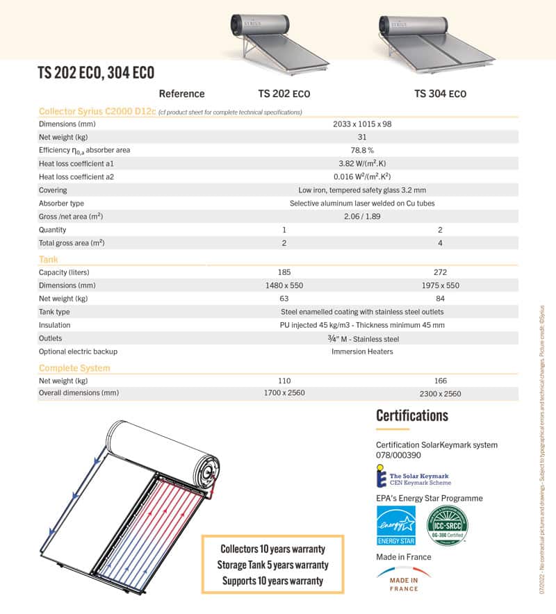 Calentador de agua solar por termosifón TS Eco - Syrius Solar